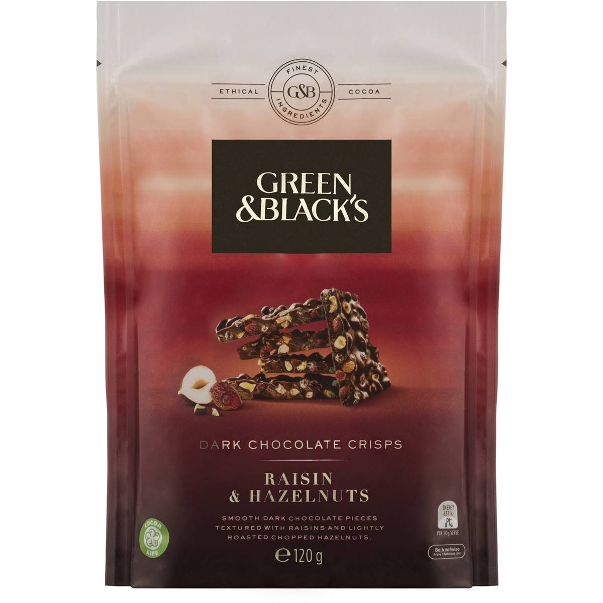 Calories in Green & Black's Dark Chocolate Crisps Raisin & Hazelnuts ...