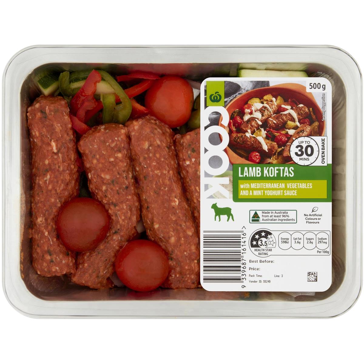 Calories in Woolworths Cook Lamb Koftas With Mixed Veges & Mint Yoghurt ...