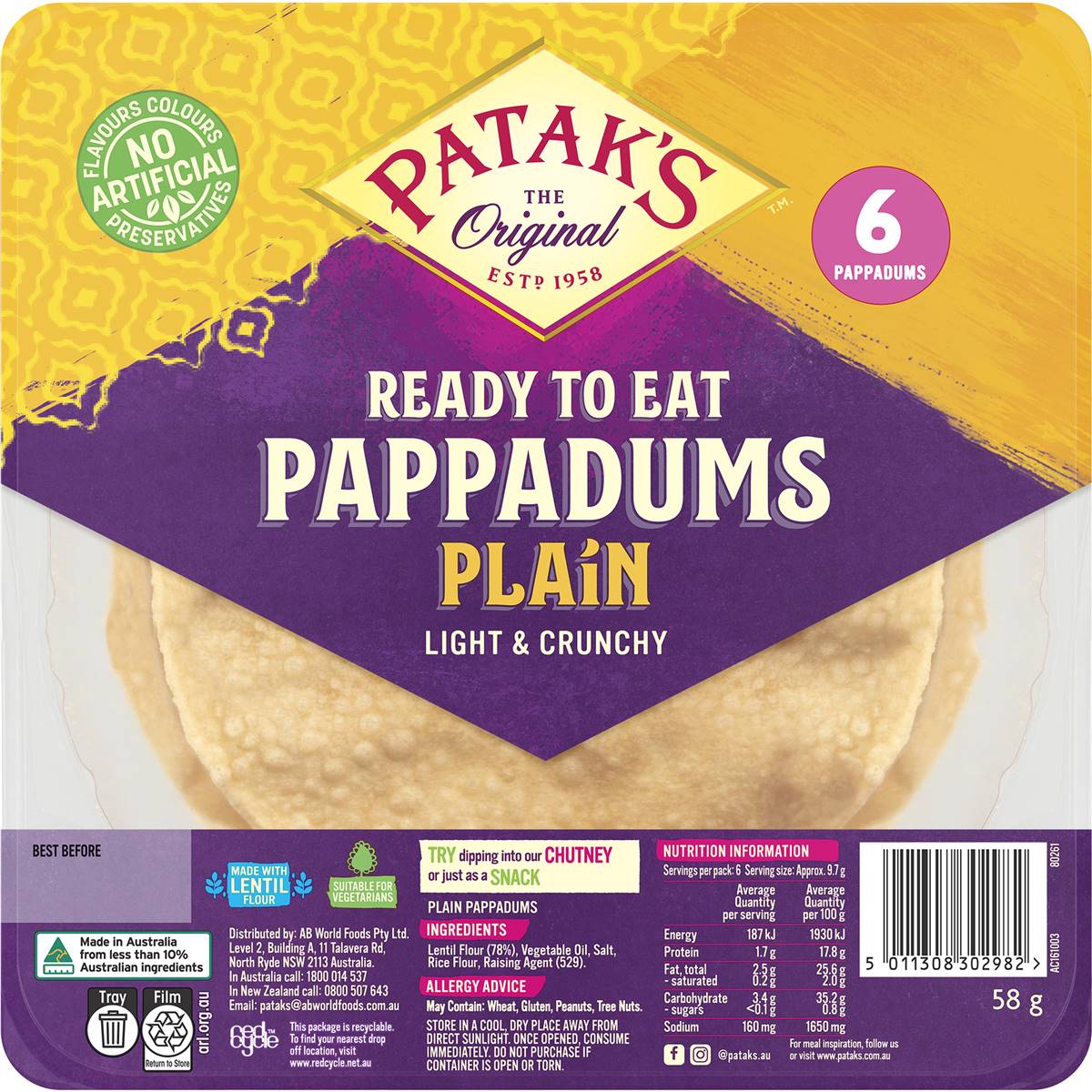 Calories in Patak's Ready To Eat Large Plain Pappadums calcount
