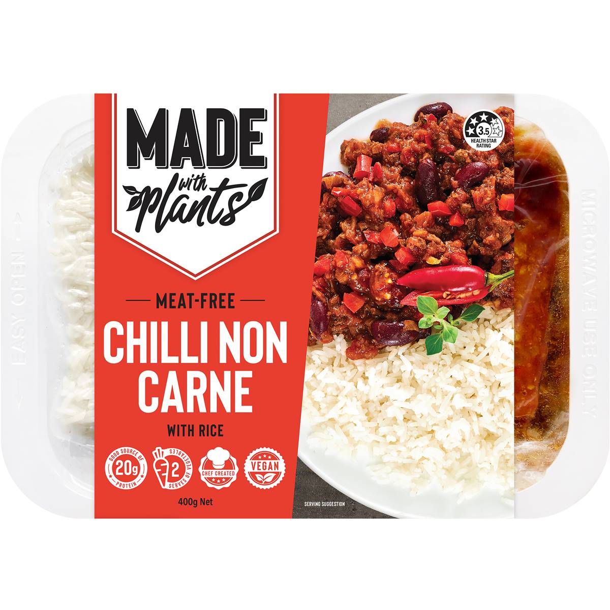Calories in Made With Plants Meat Free Chilli Non Carne With Rice calcount