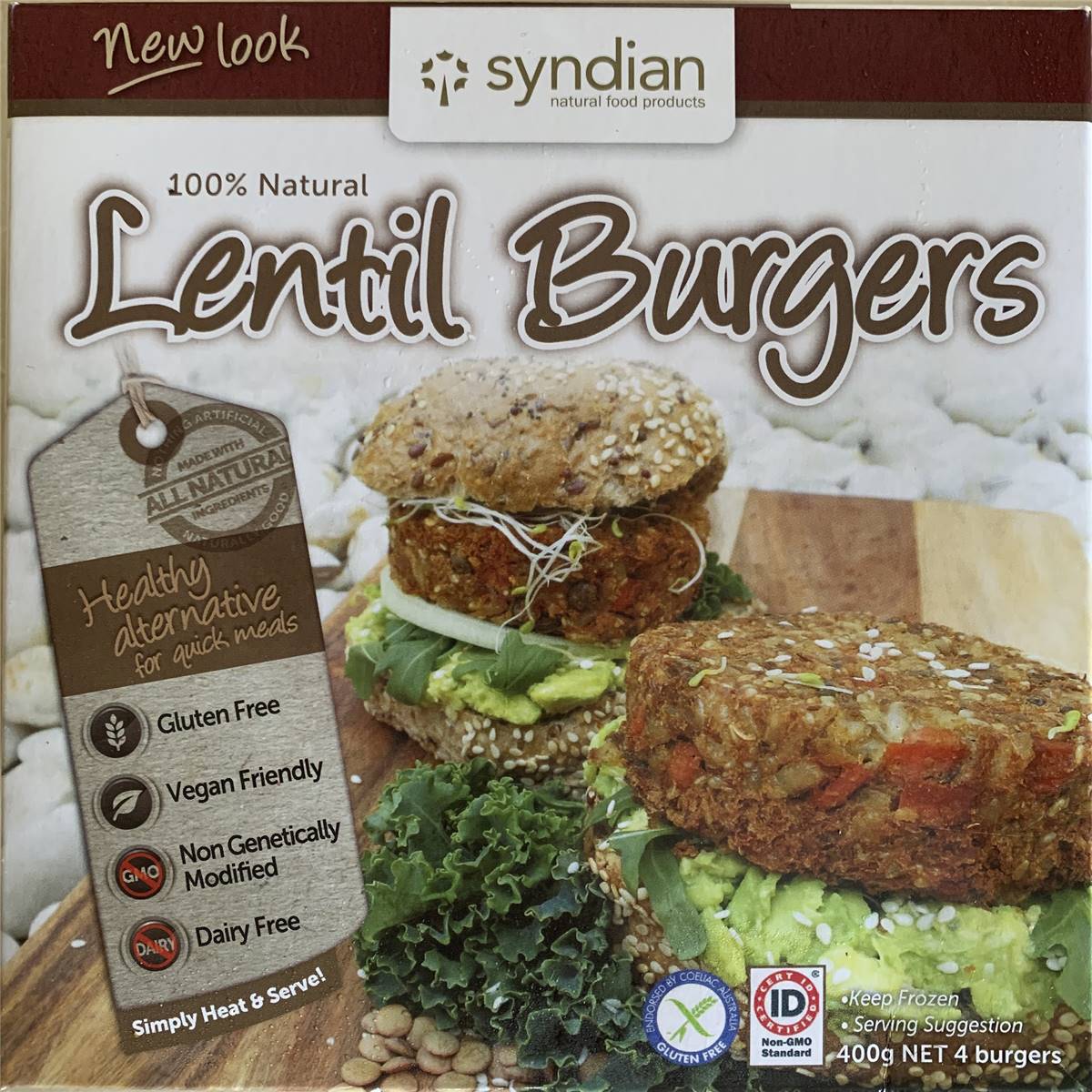 Calories in Syndian Frozen Gluten Free Lentil Burgers calcount