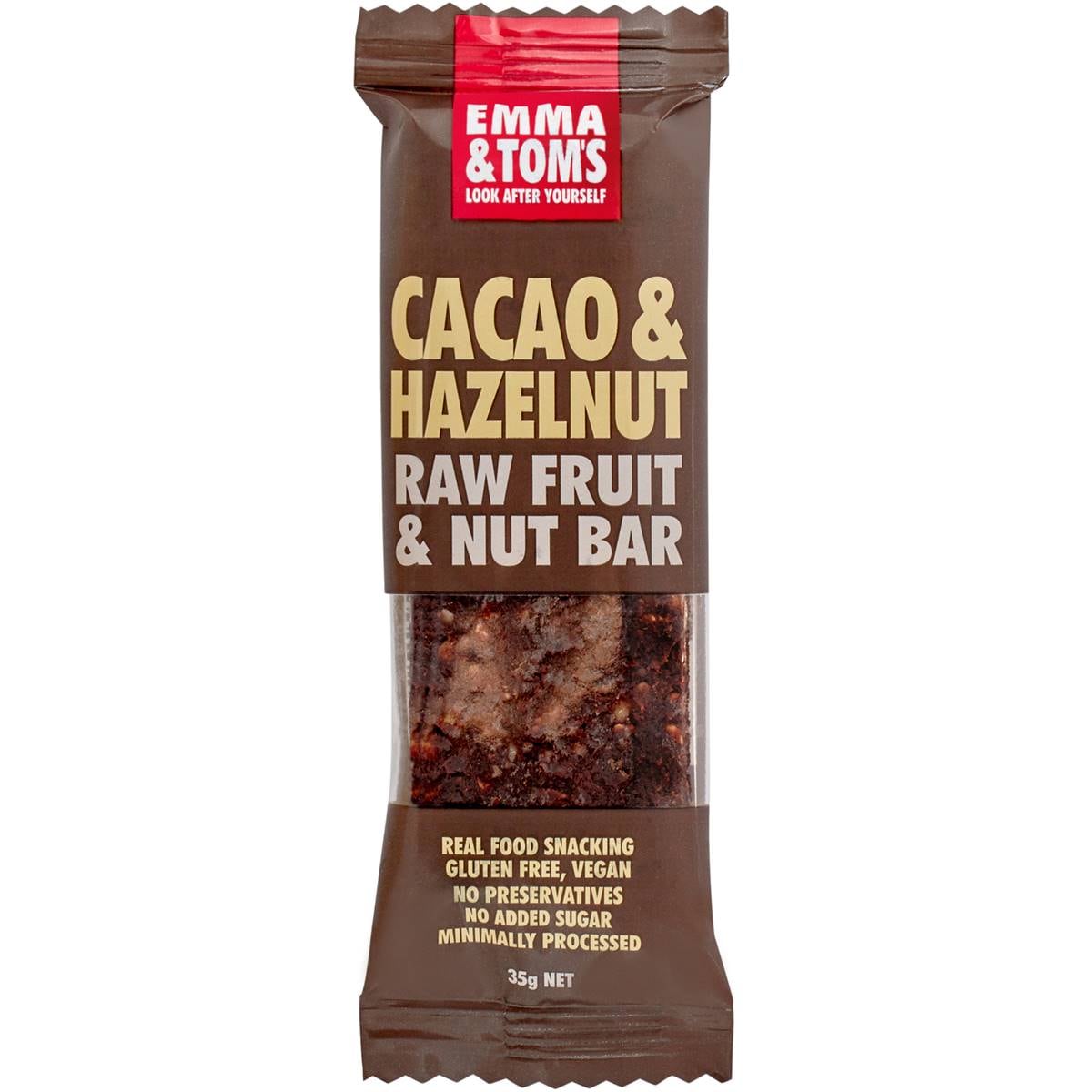 Calories in Emma & Tom's Cacao & Hazelnut Raw Fruit & Nut Bar calcount