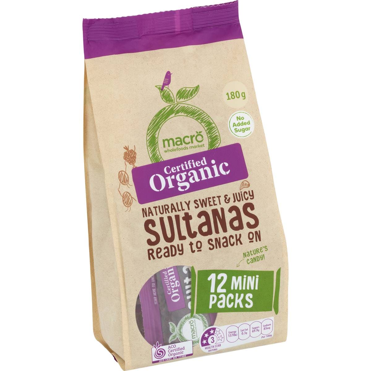 Calories in Macro Organic Mini Sultanas Pack calcount